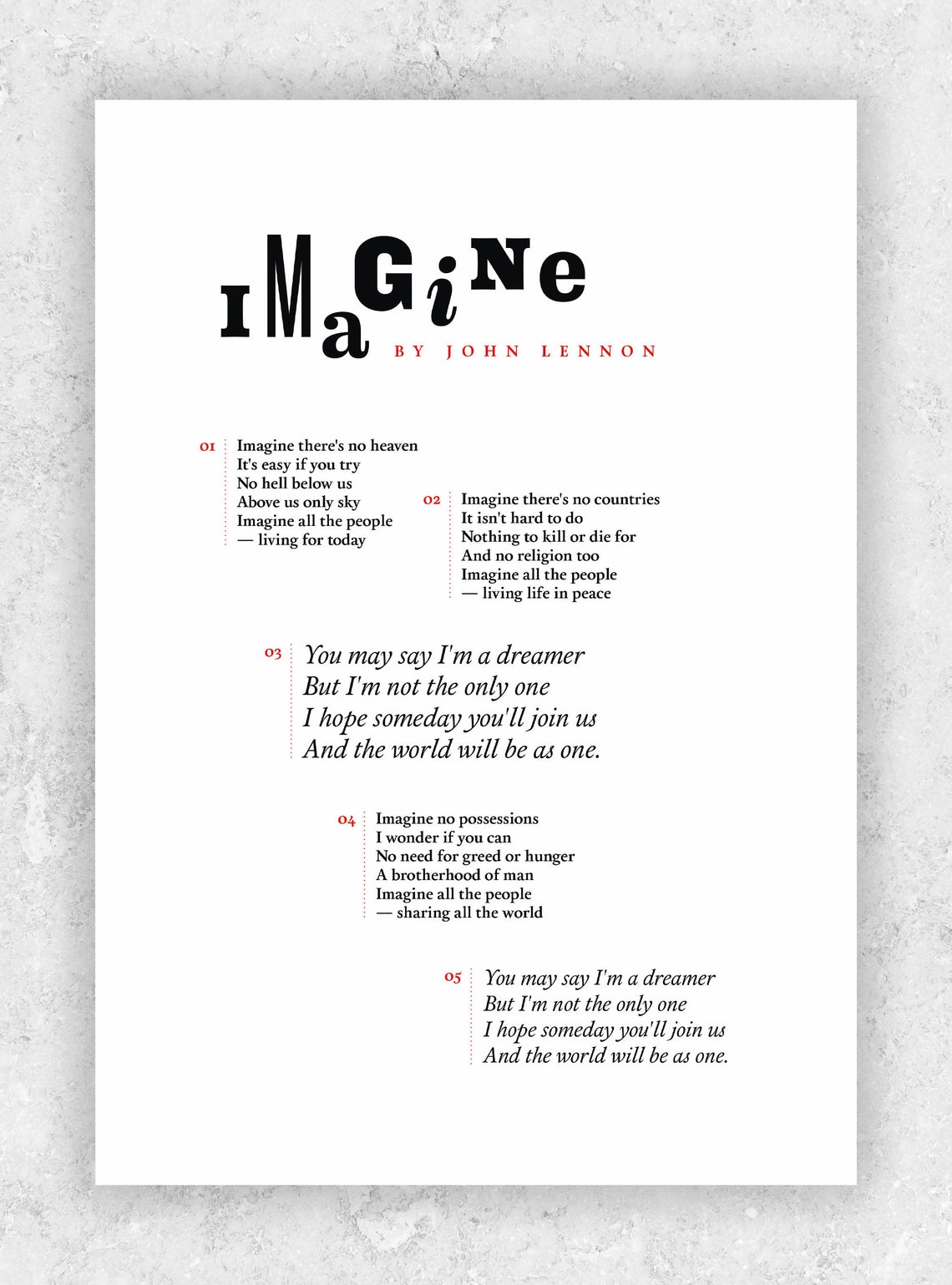 Imagine by John Lennon // Printable Typographic Song Lyrics Poster ...
