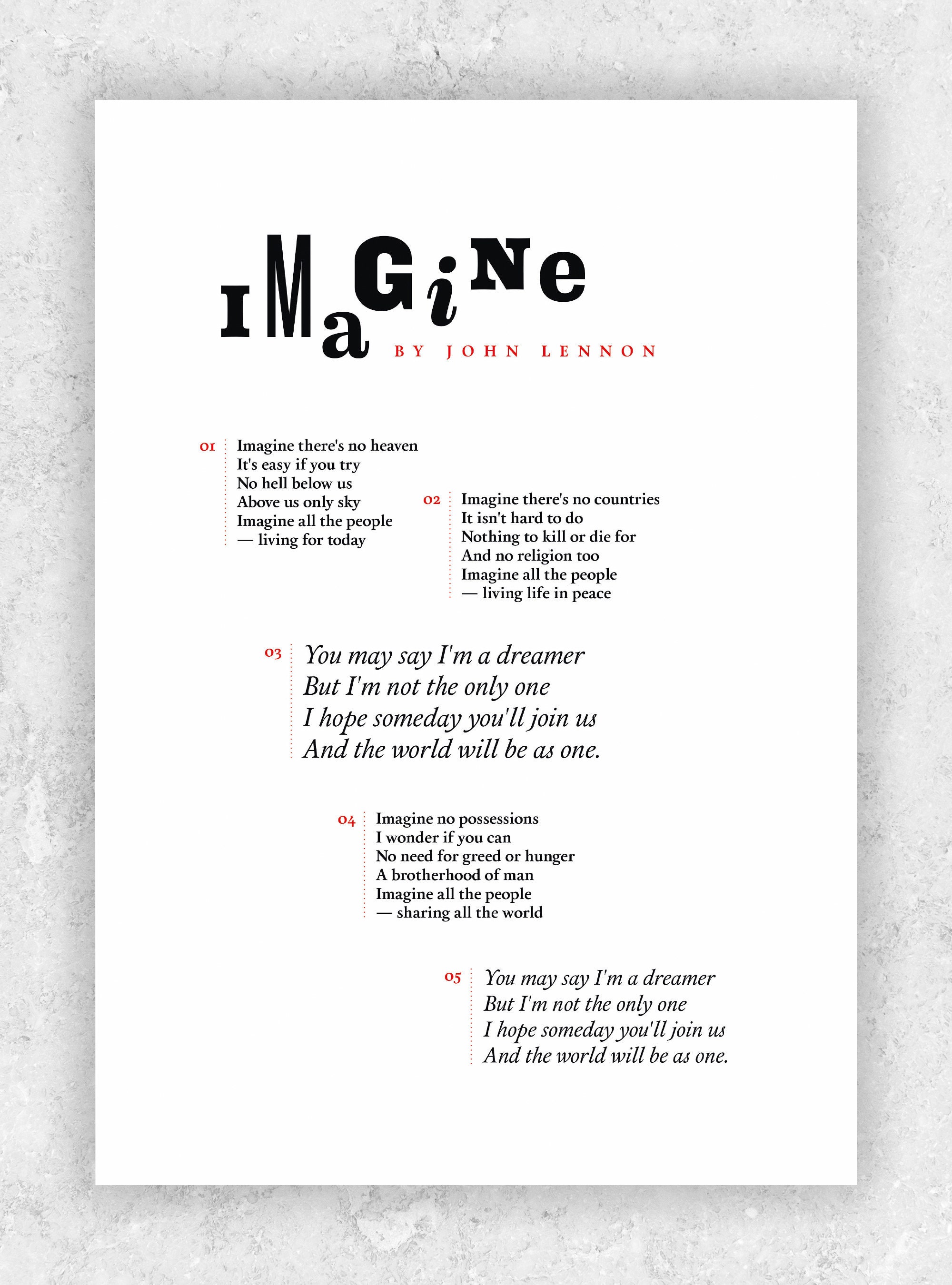 Imagine by John Lennon // Printable Typographic Song Lyrics Poster ...
