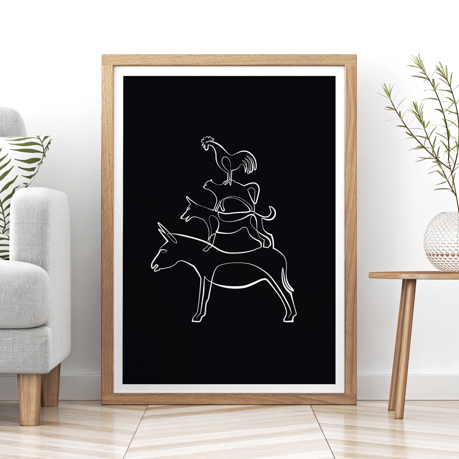 Bremen Musicians // Printable Single Line Drawing, Fairy Tale Wall Art ...
