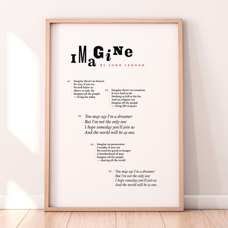 Imagine by John Lennon // Printable Typographic Song Lyrics Poster ...
