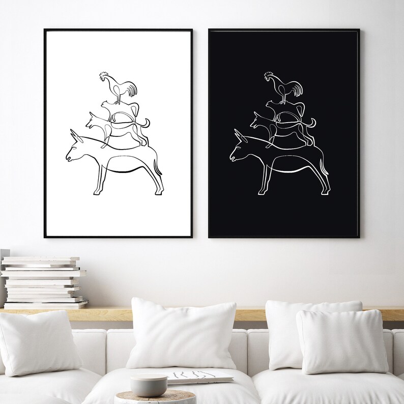 Bremen Musicians // Printable Single Line Drawing, Fairy Tale Wall Art ...
