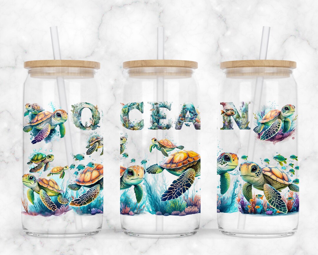 Ocean Life Can Glass Wrap PNG, Sea Turtle Libbey 16oz Can Glass ...