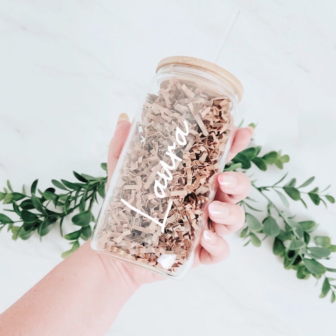 Personalized Glass Can Tumbler With Lid and Straw, Iced Coffee Glass ...