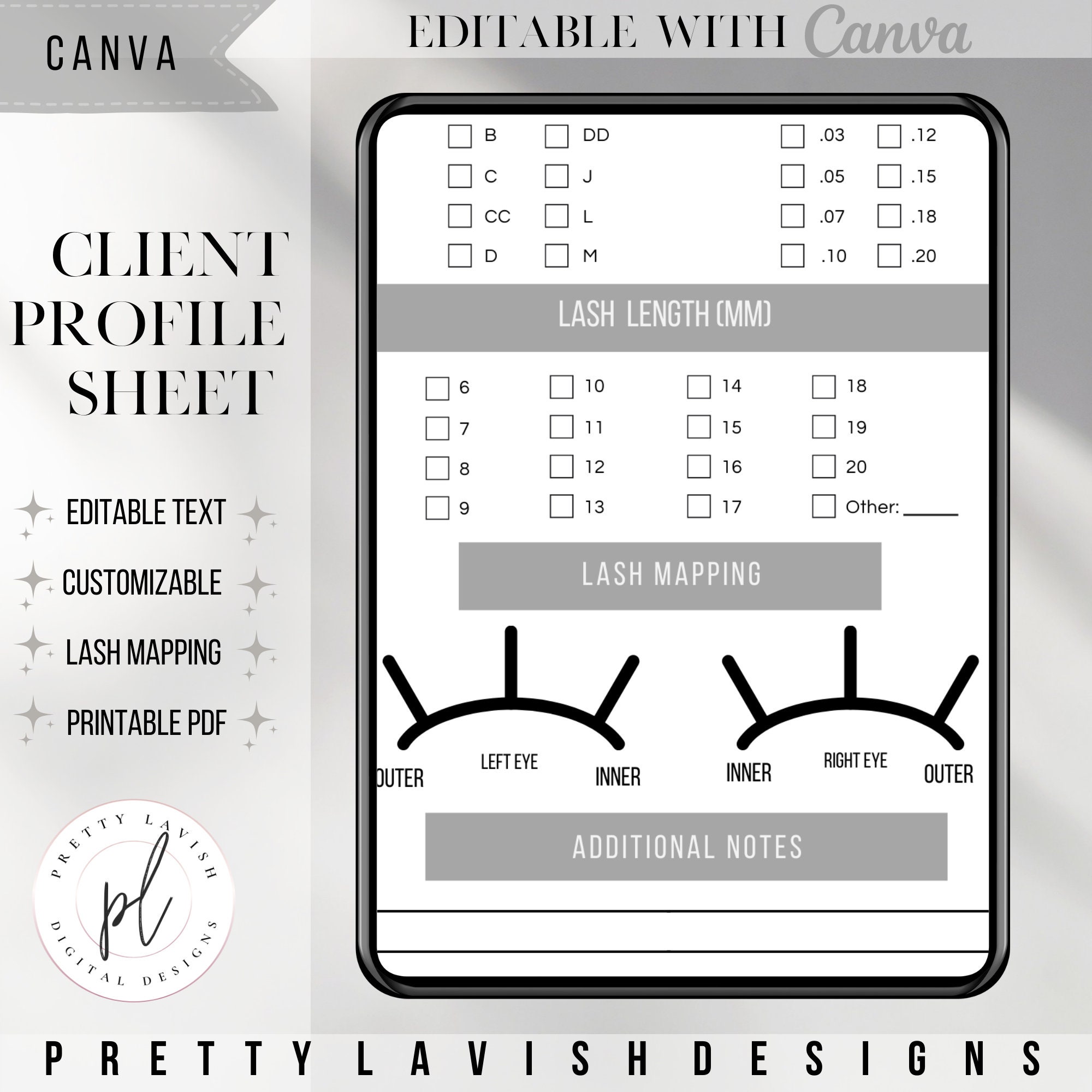 Editable Canva Eyelash Extension Client Profile Form, Client Record ...