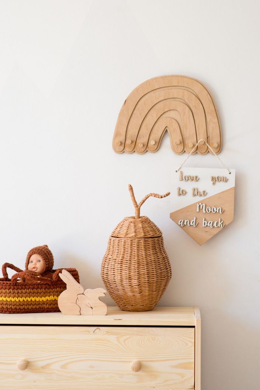 Wooden nursery shelf rainbow with hooks kids room decor and | Etsy