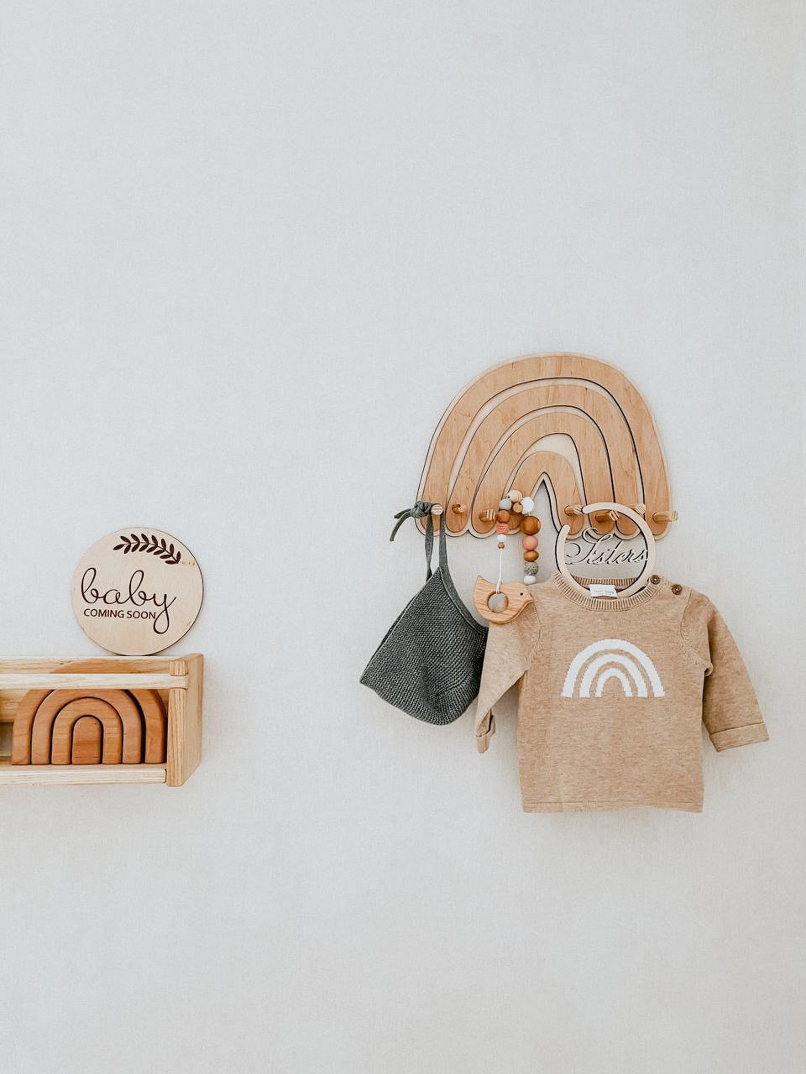 Wooden nursery shelf rainbow with hooks kids room decor and | Etsy