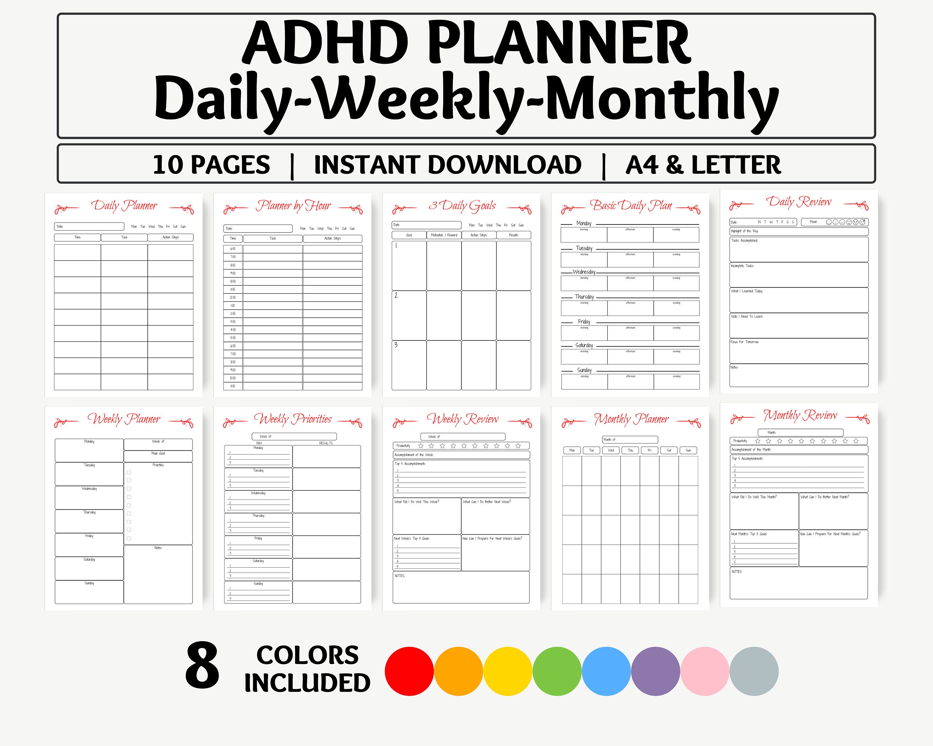 Paper Printable A4 Letter iPad tablet ADHD Planner Productivity Daily Hourly Planner Work From 
