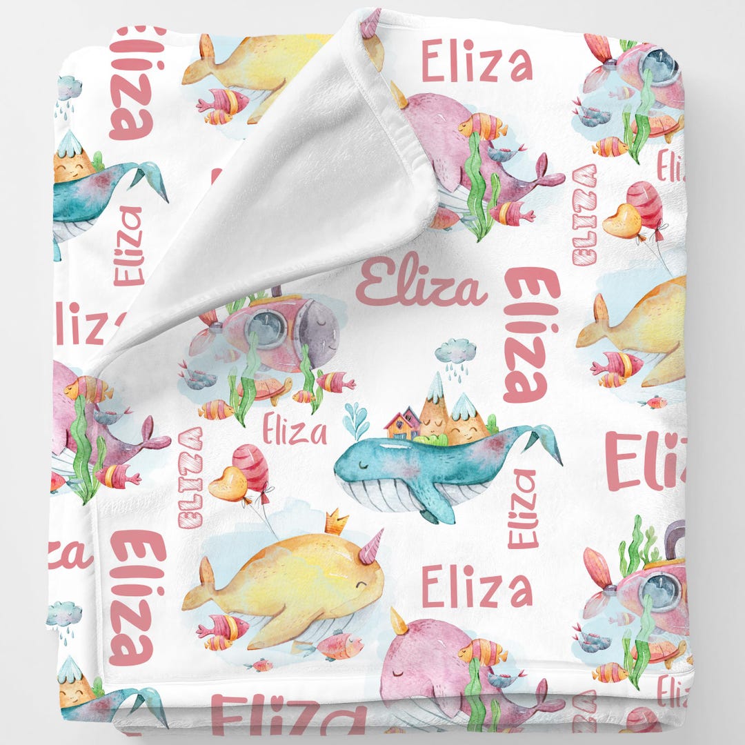 Narwal Themed Newborn Girl Nursery Soft Name Blanket, Sea Animals ...