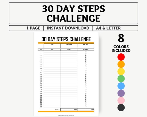 30 Day Steps Challenge Printable Fitness Challenge Tracker - Etsy
