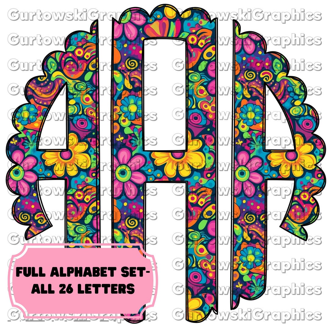 Neon Retro Groovy Floral Monogram,preppy Monogram Digital Download ...