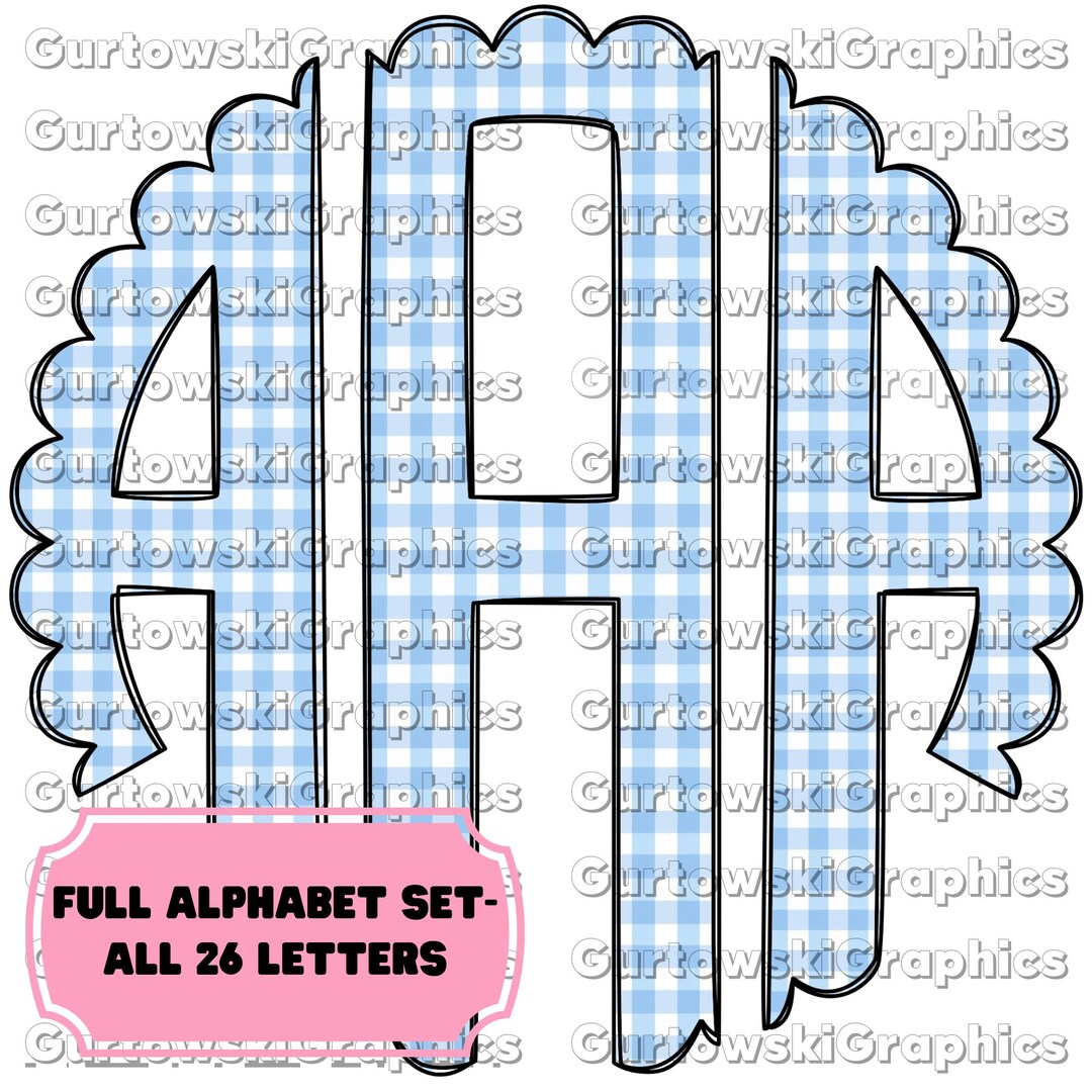 Pastel Blue Gingham Monogram,gingham Scallop,full Alphabet Monogram ...
