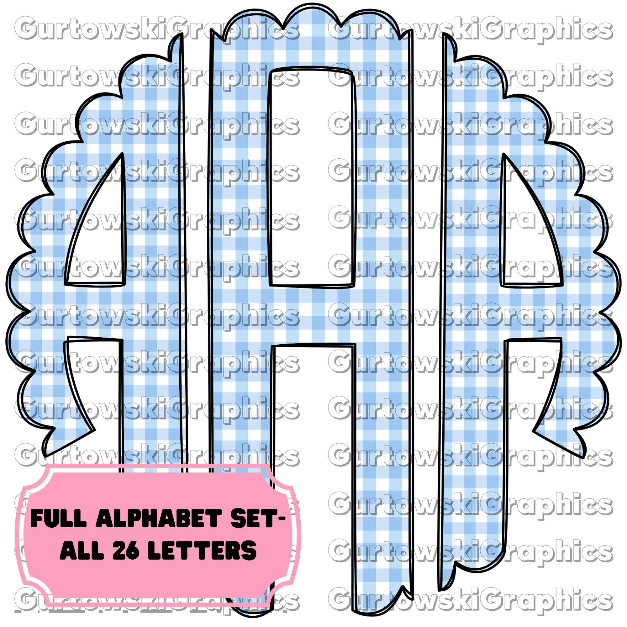 Pastel Blue Gingham Monogram,gingham Scallop,full Alphabet Monogram ...