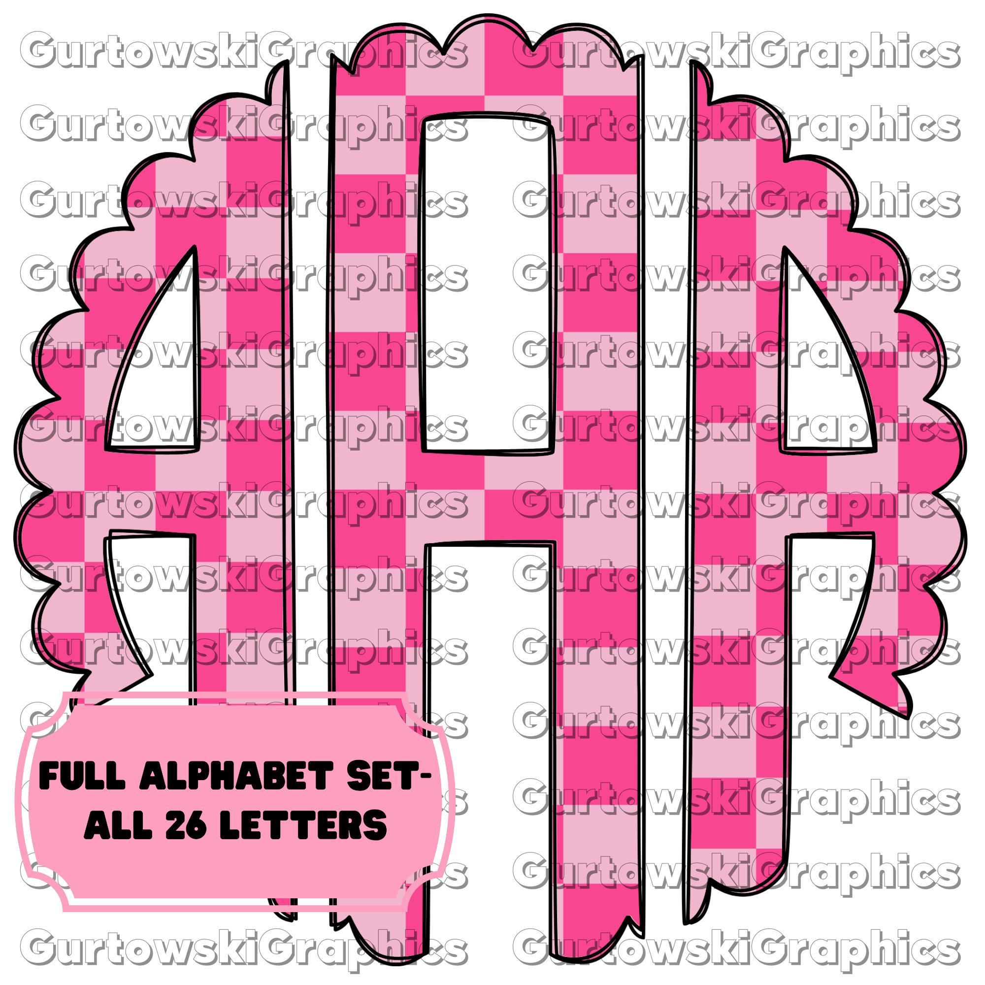 Pink Checkered Board Monogram,checkered Scallop,full Alphabet Monogram ...