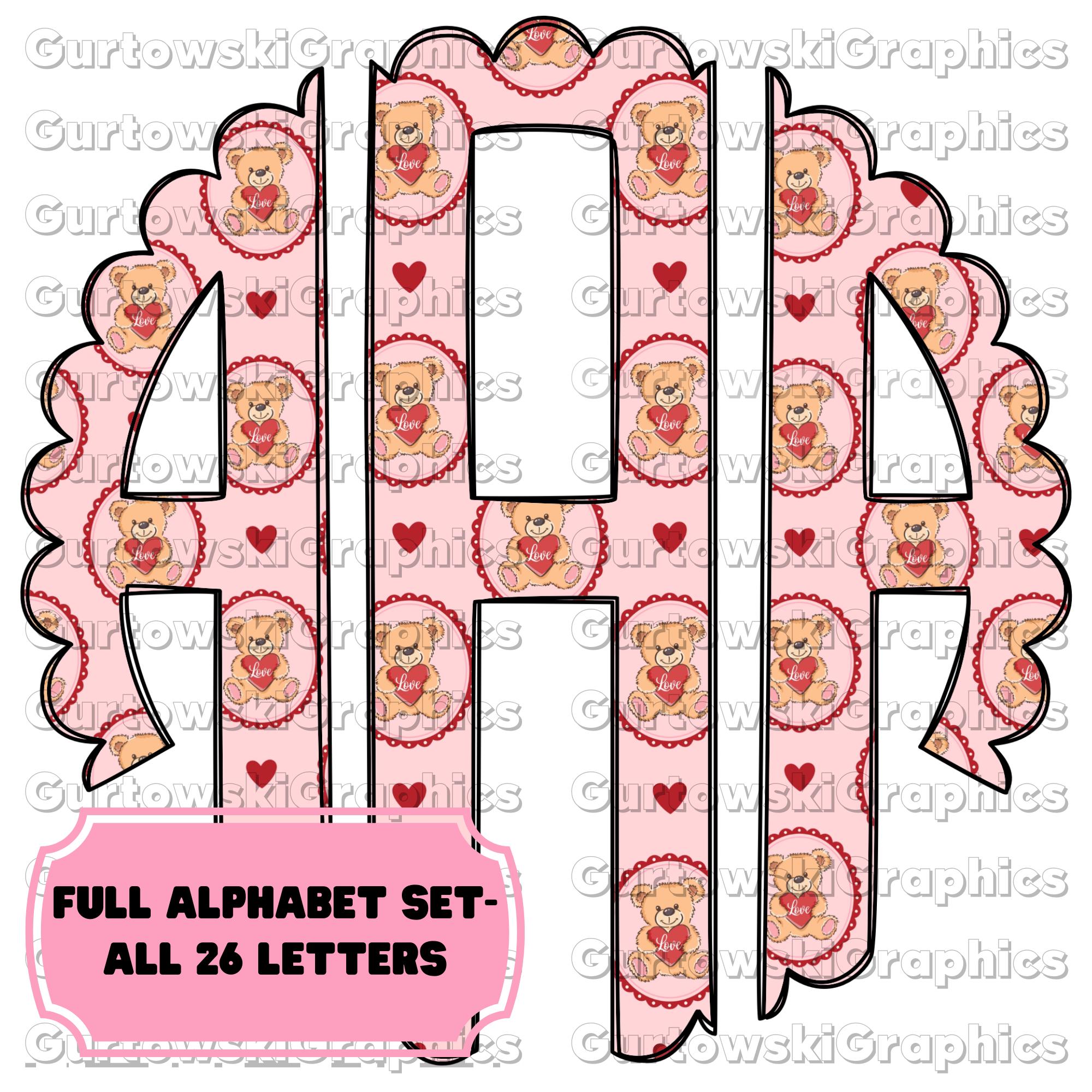 Teddy Bear Valentine Monogram, Full Alphabet Monogram,valentine ...