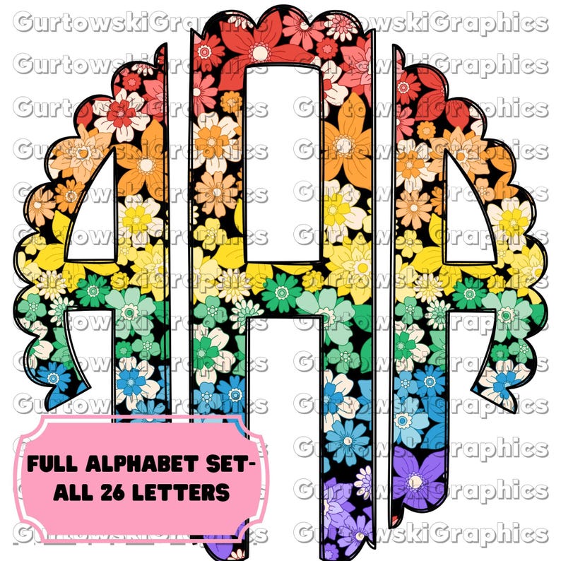 Rainbow Floral Monogram, Preppy Monogram Digital Initials,rainbow ...