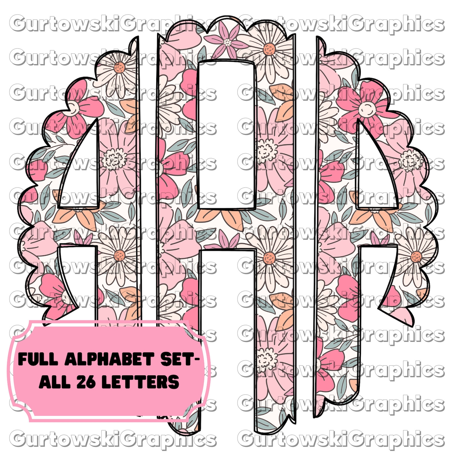 Hand Drawn Floral Monogram,preppy Monogram Digital Download,scalloped ...