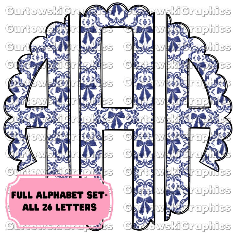 Blue Toile Coquette Bows Monogram,preppy Monogram Digital Download,scalloped Initials ...