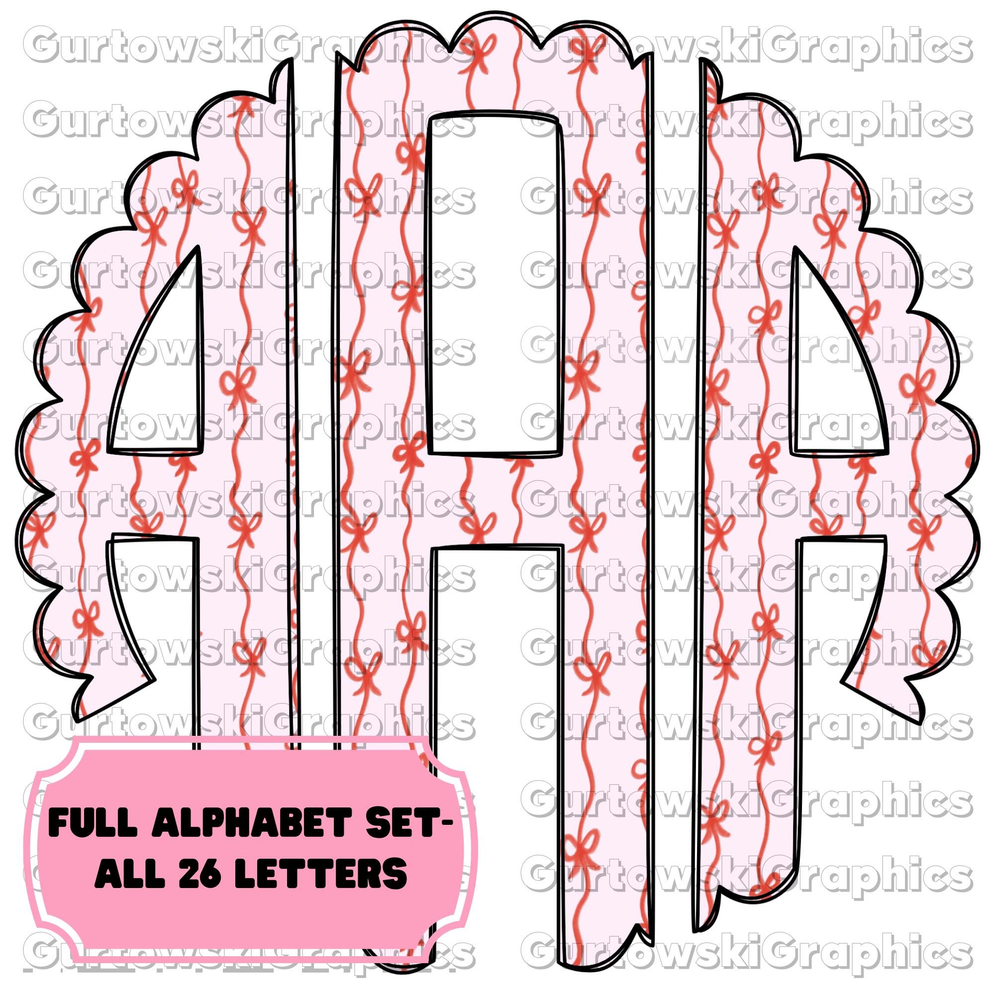 Coquette Pink Bows Valentine Monogram, Full Alphabet Monogram,valentine ...