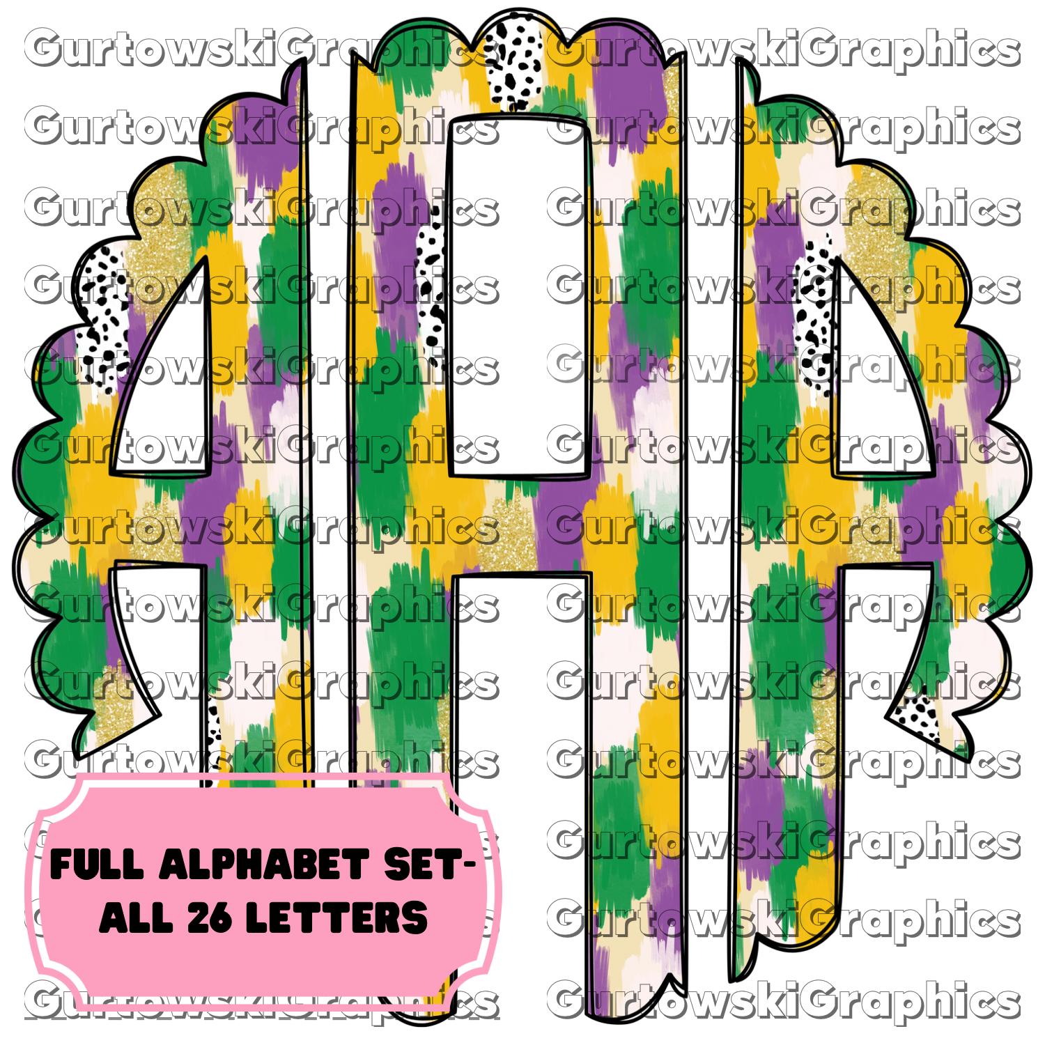 Mardi Gras Monogram, Full Alphabet Monogram, Mardi Gras Alphabet,doodle ...