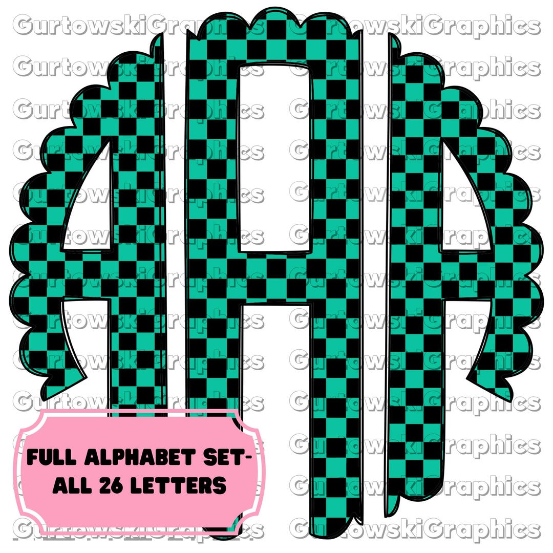 Teal & Black Checkered Board Monogram,checkered Scallop,full Alphabet ...