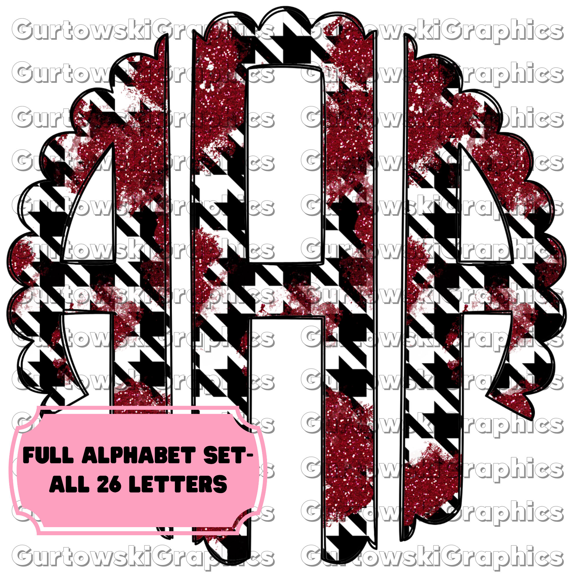 Houndstooth & Crimson Monogram,preppy Monogram Digital Initials,doodle ...