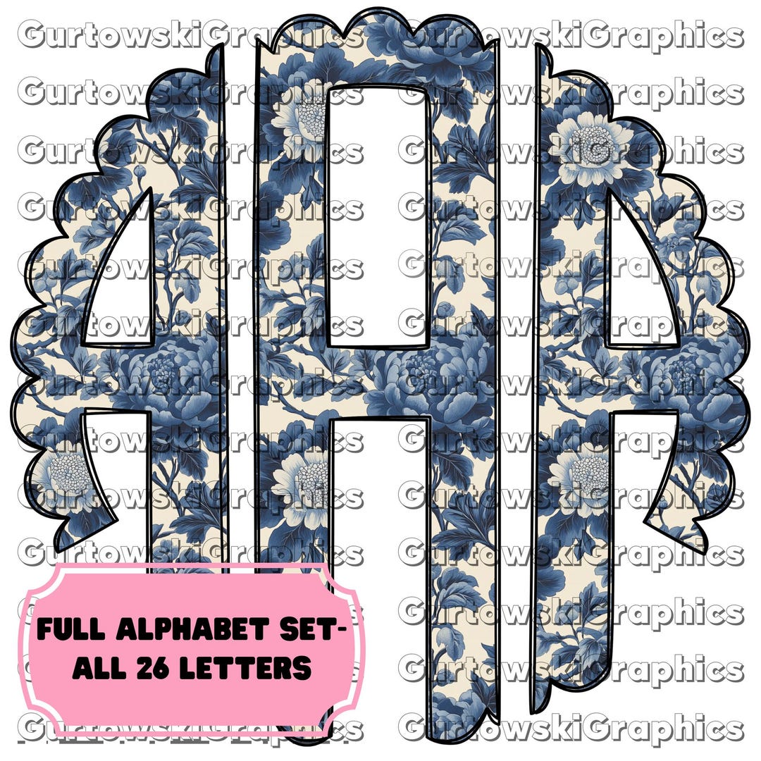 Blue Chinoiserie Floral Monogram,floral Scallop,full Alphabet Monogram ...