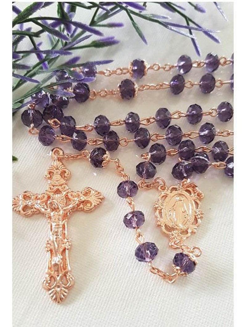 Amethyst Rose Gold Crystal Rosary/rose Gold Crucifix/rose Gold - Etsy