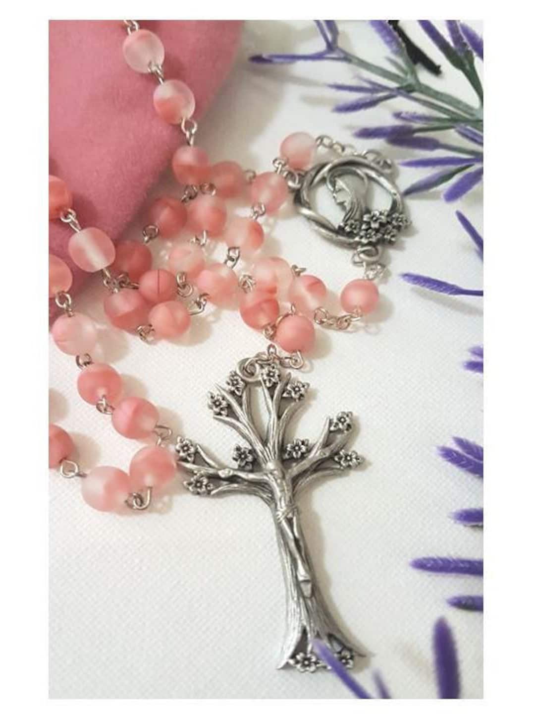 Tree of Life Rosary/pink Glass Rosary With Virgin Mary/dogwood Tree and ...