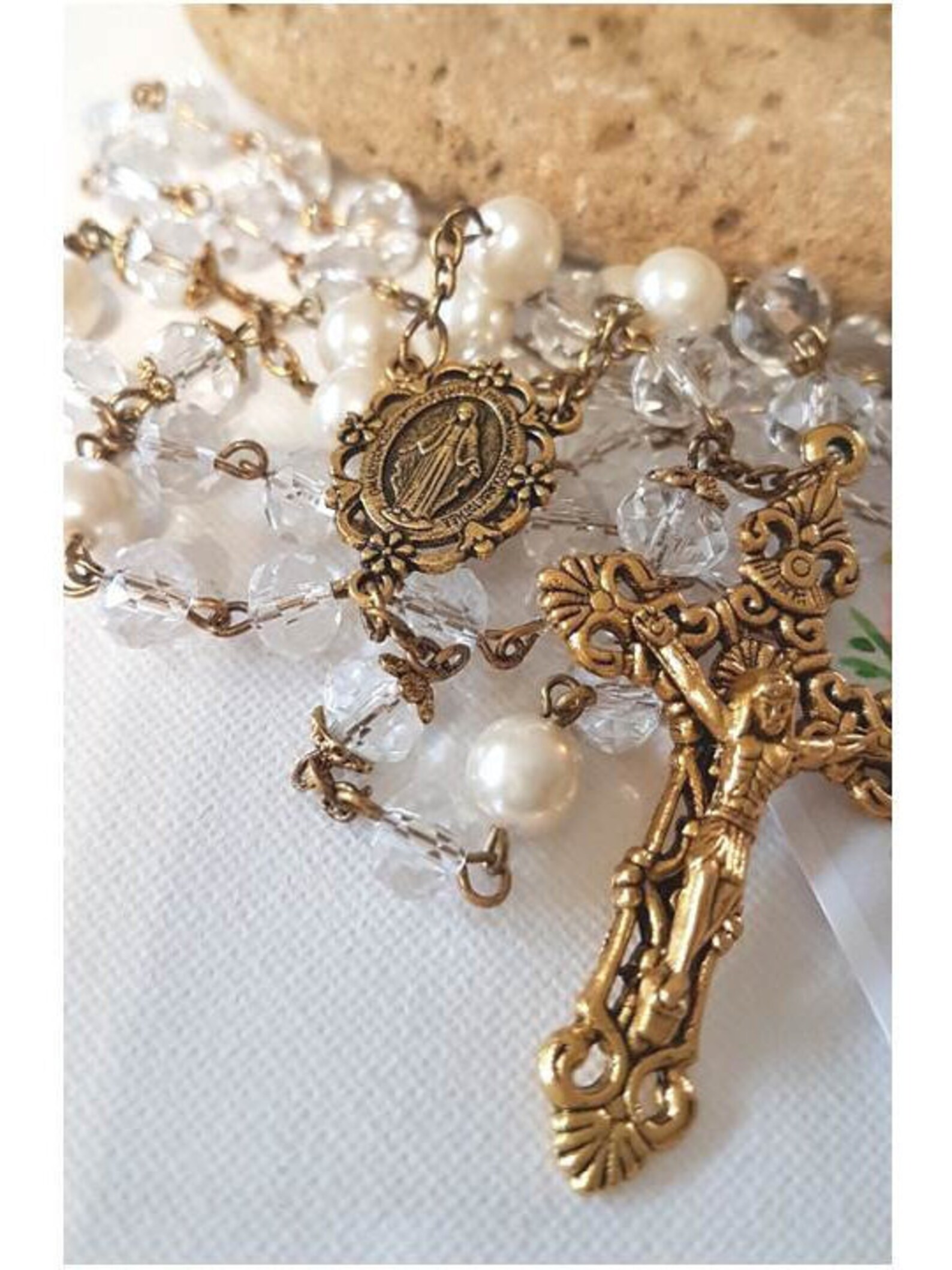 Antique Crystal Rosary/antique Gold Catholic Rosary/rosaries With Pearl ...