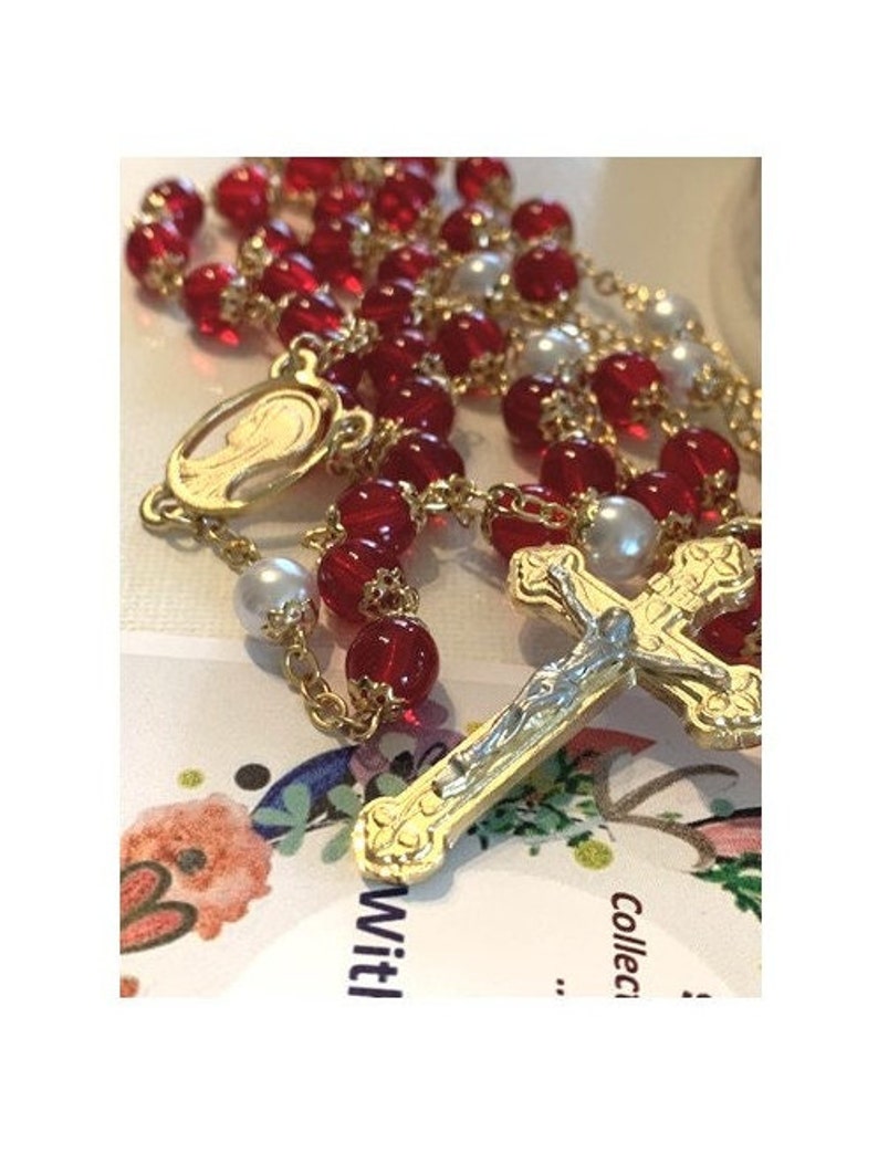 Red Ruby Rosary, Red Glass Rosary, Pearl Catholic Rosary, Gold Plated ...