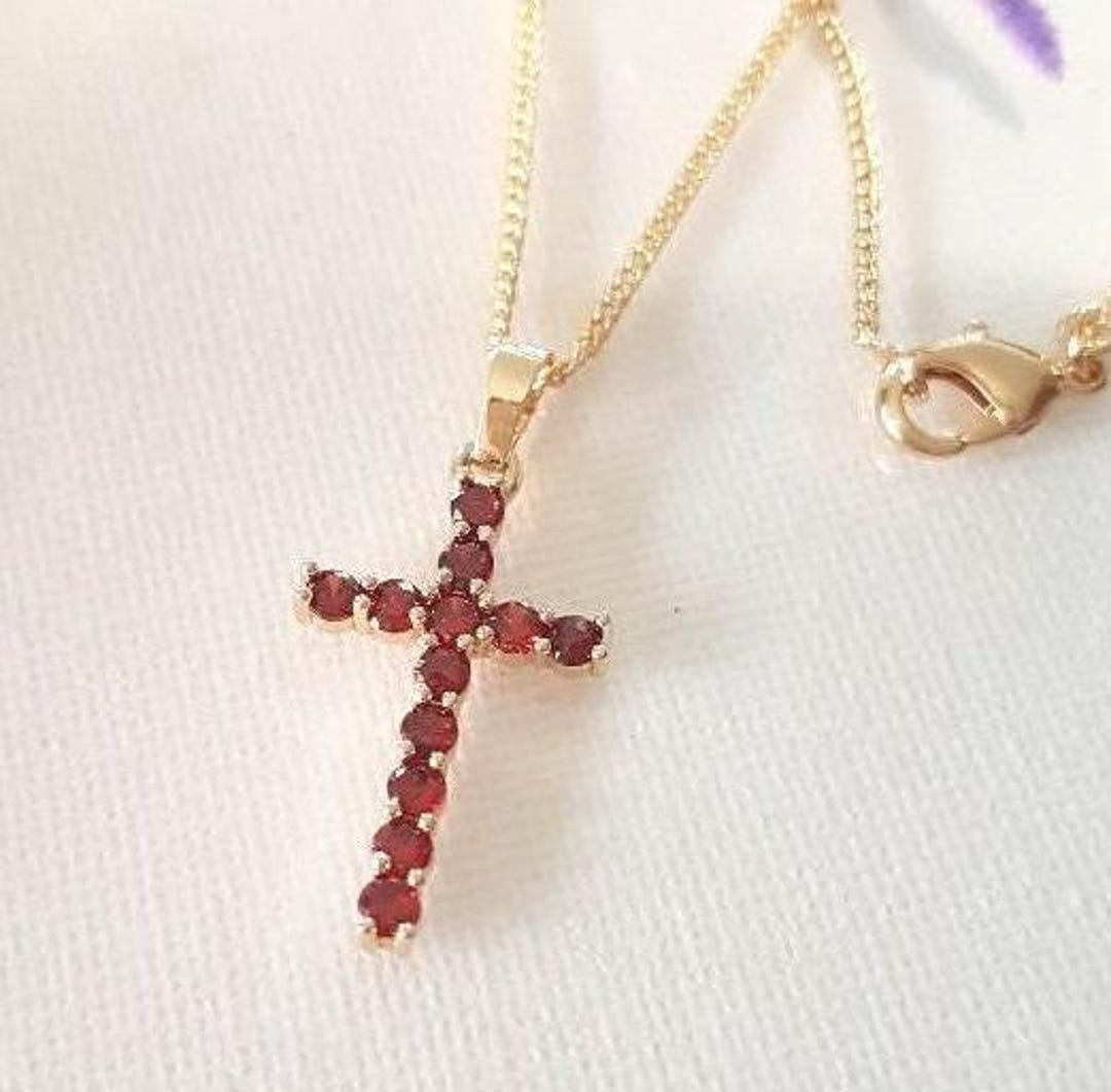 Garnet Cross Pendant /deep Red Cross Necklace/18kt Gold Filled CZ Paved ...