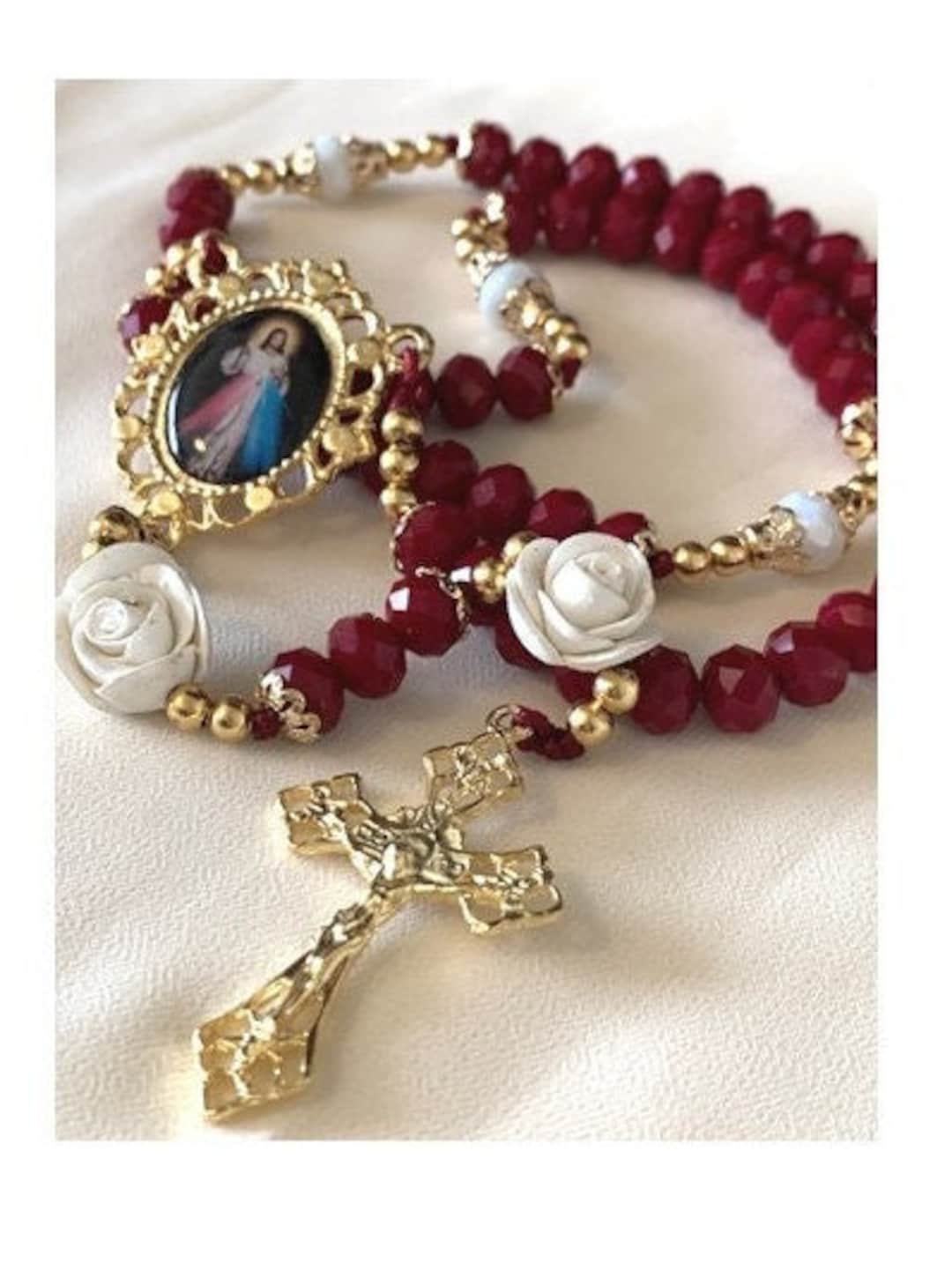 Divine Mercy Rosary, Garnet Rosary With Divine Mercy, Handcrafted Red ...