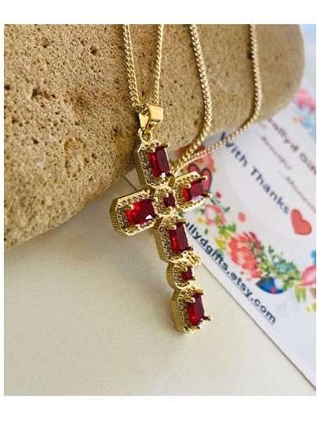 Big Bold Gold Ruby Cross Necklace, Gold Red Cross Pendant, Ladies on ...