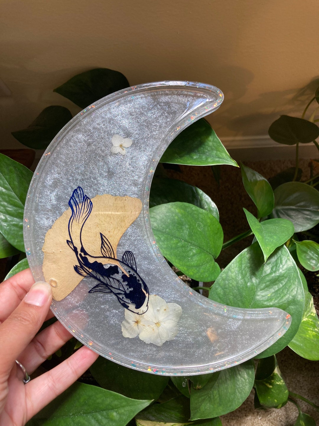 Cobalt Blue Koi Fish Moon Tray Gingko Gray Home Decor Trinket Tray ...