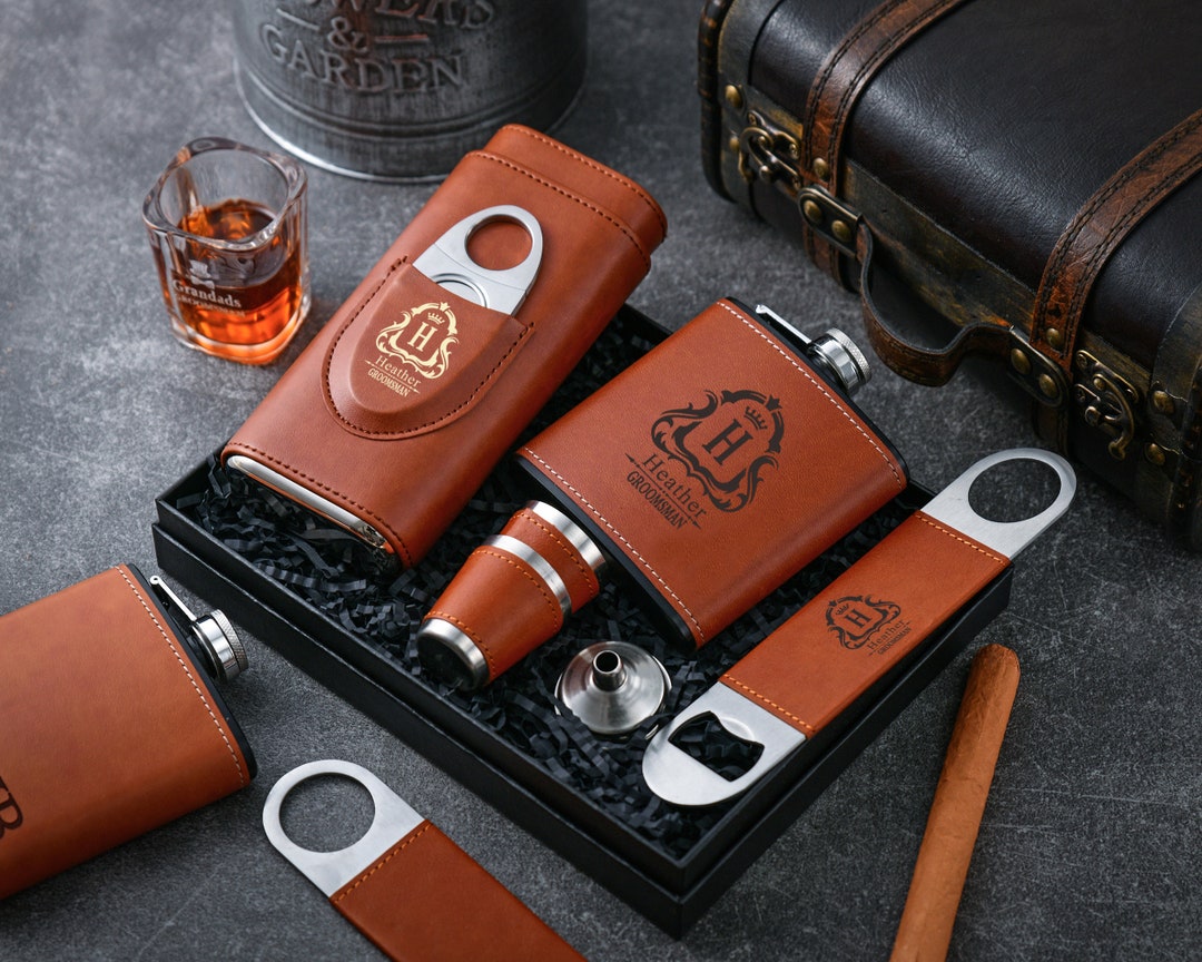 Engraved Leather Cigar Flask Gift Set, Groomsmen Gifts Hip Flasks Set ...