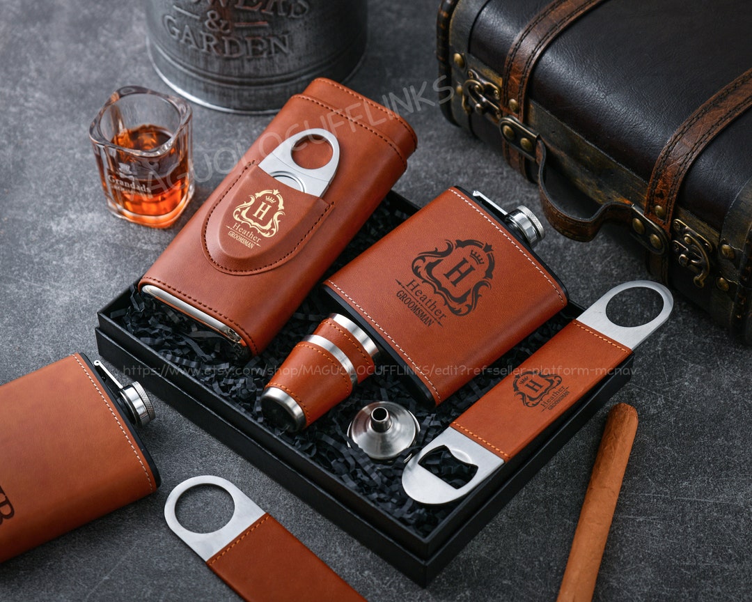 Engraved Leather Cigar Flask Gift Set, Personalized Cigar Case With ...