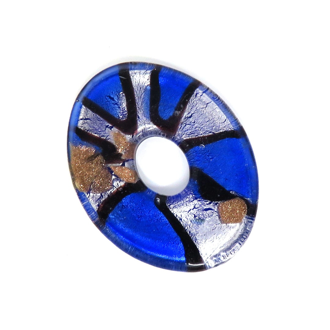Oval Blue and Silver Glass Donut Pendant With Specks of Gold ...