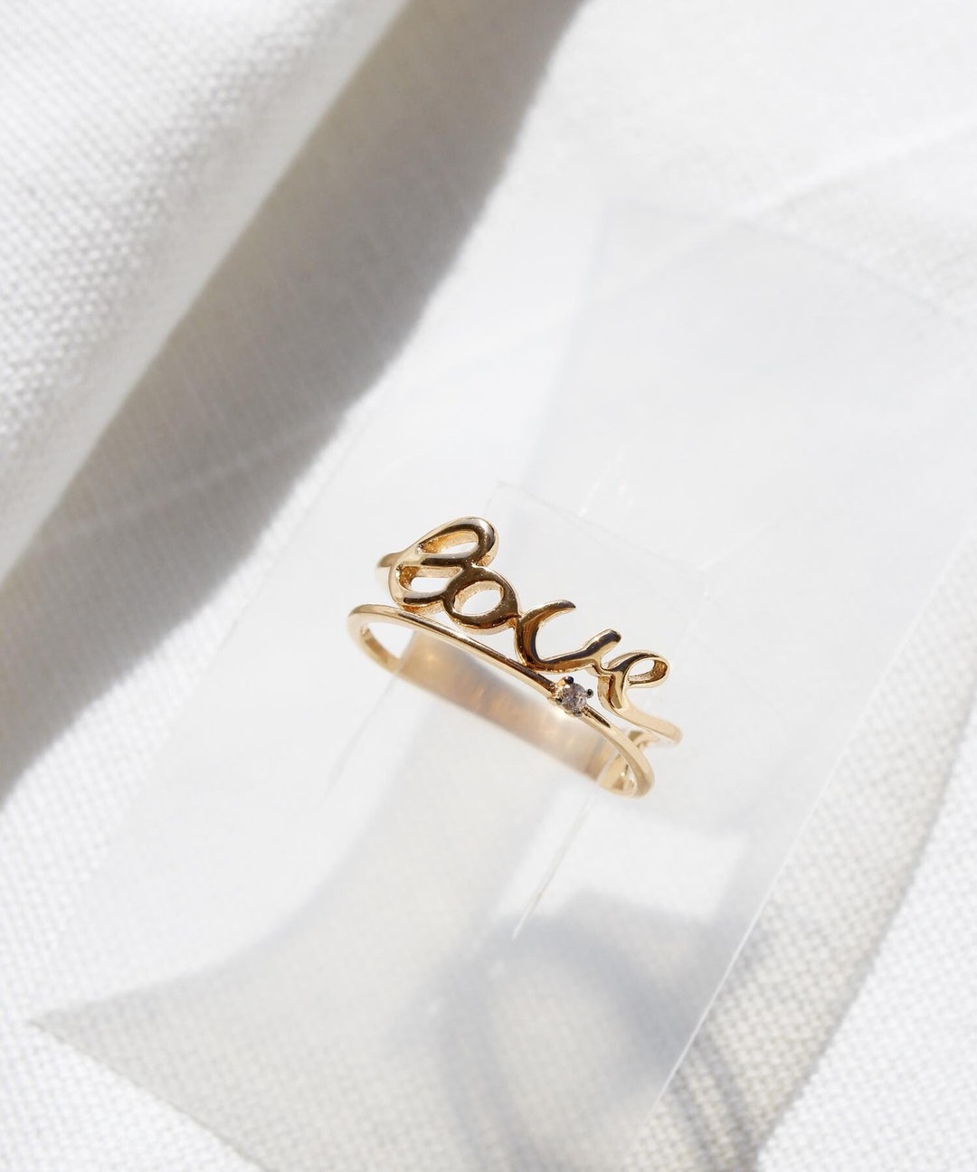 14K Solid Gold Love Ring, Cursive Font Script Love Ring, Dainty Promise ...