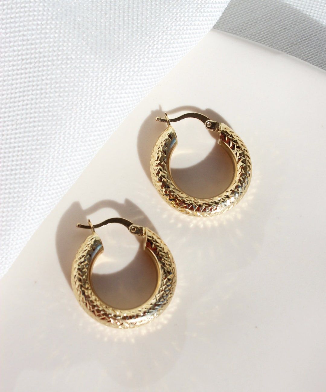 Textured Bold Hoop Earrings 14K Solid Gold / Small Chunky Hoop Earrings ...