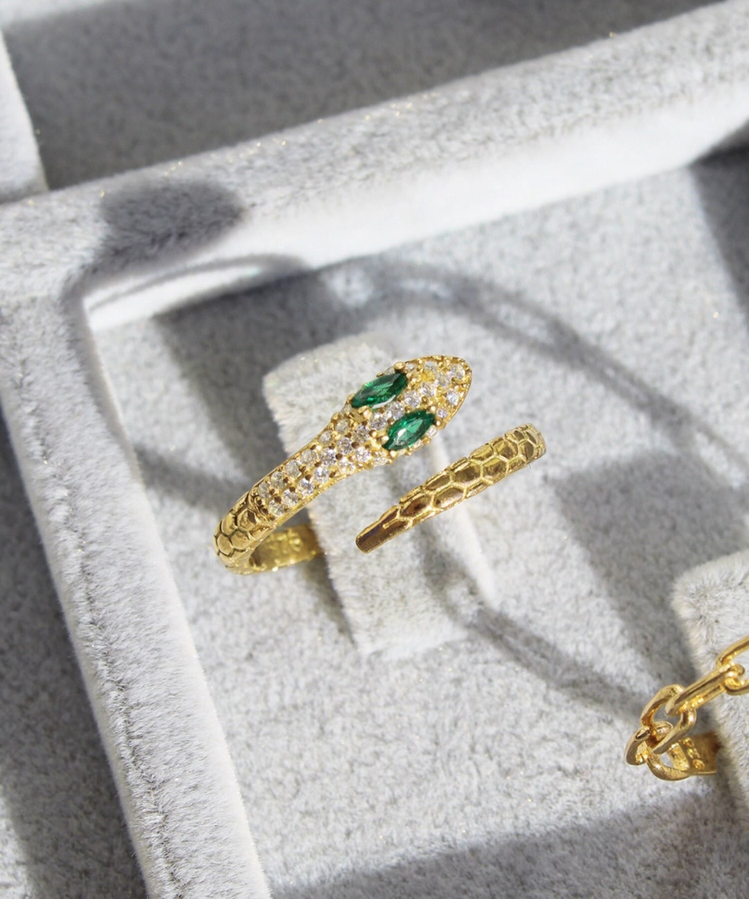 14K Gold Plated Green Eyed Snake Ring: Adjustable Sterling Silver Band ...