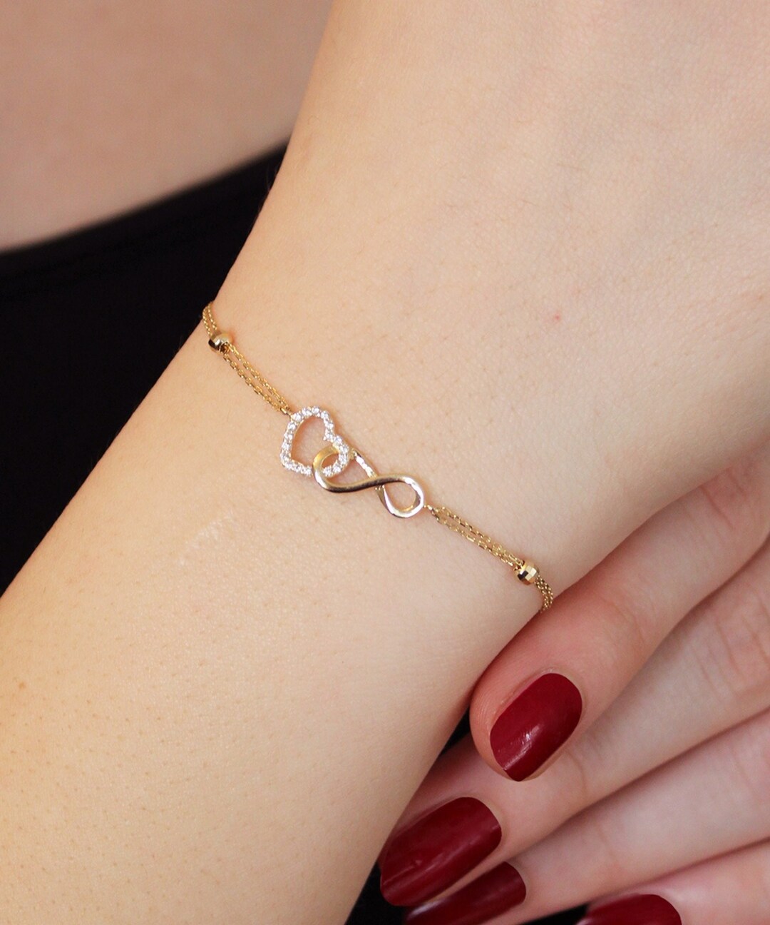 14K Solid Gold Intertwined Heart & Infinity Symbol Bracelet - Etsy