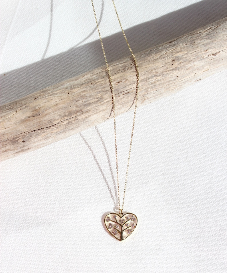 8K Solid Gold Heart Tree of Life Necklace: Family Tree & Love Pendant ...