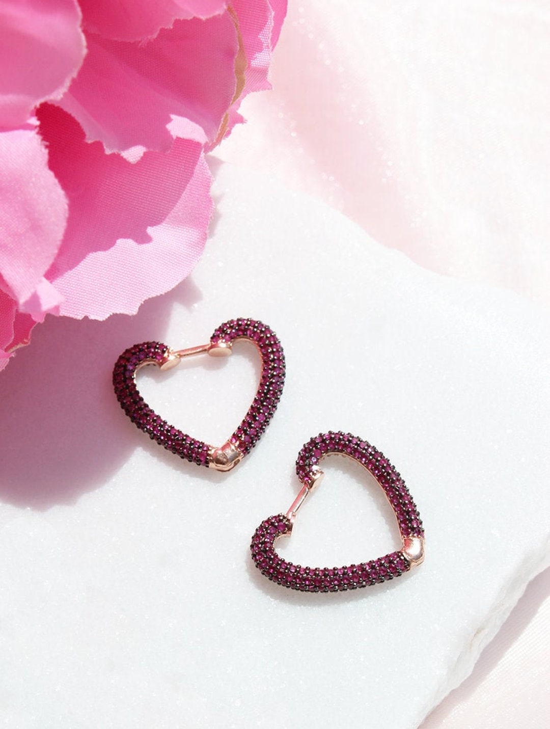 Pink Pave Heart Hoop Earrings, Sterling Silver Heart Shaped Earrings ...