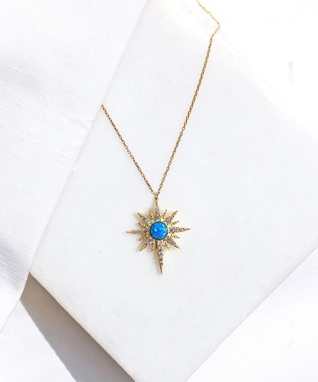 14K Gold Plated Blue Opal North Star Necklace: Sterling Silver Polaris ...