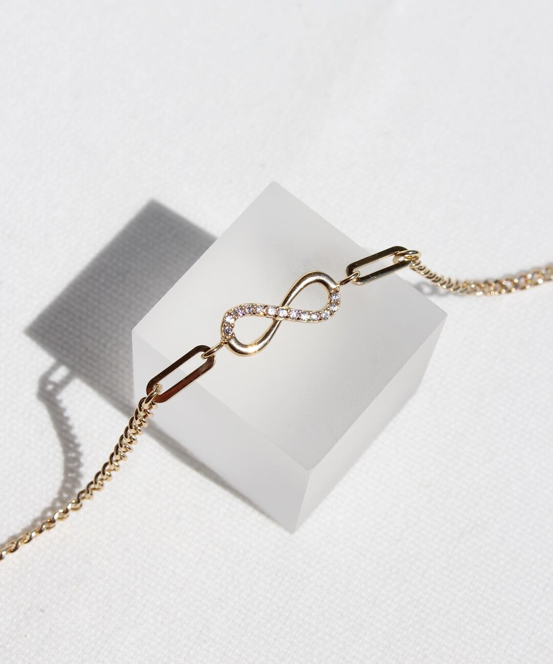 14K Solid Gold Infinity Symbol Bracelet: CZ Pave Setting, Curb Chain ...
