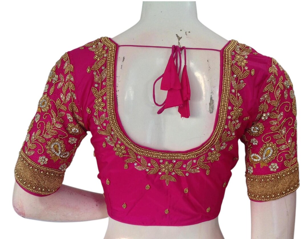 Unique & Captivating: Rani Pink Aari Handwork Wedding Silk Saree Blouse ...