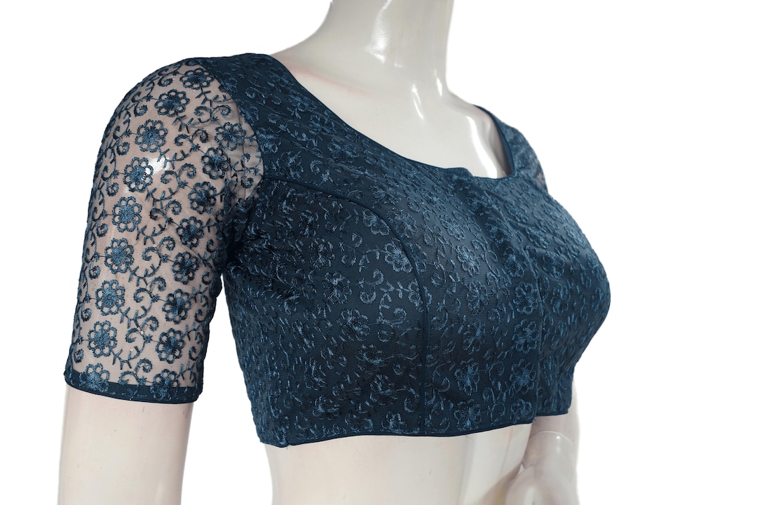 Navy Color Embroidery Netted Sleeves Readymade Saree Blouse, Indian ...