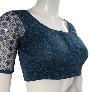 Navy Color Embroidery Netted Sleeves Readymade Saree Blouse, Indian ...