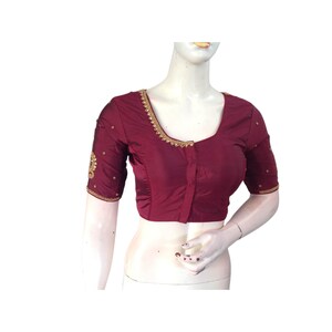 Saffron Maroon Color Aari Handwork Bridal Silk Saree Readymade Blouse ...