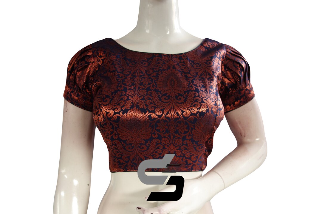 Navy Blue Brocade Saree Blouse, Short Puff Sleeve Readymade Top - Etsy